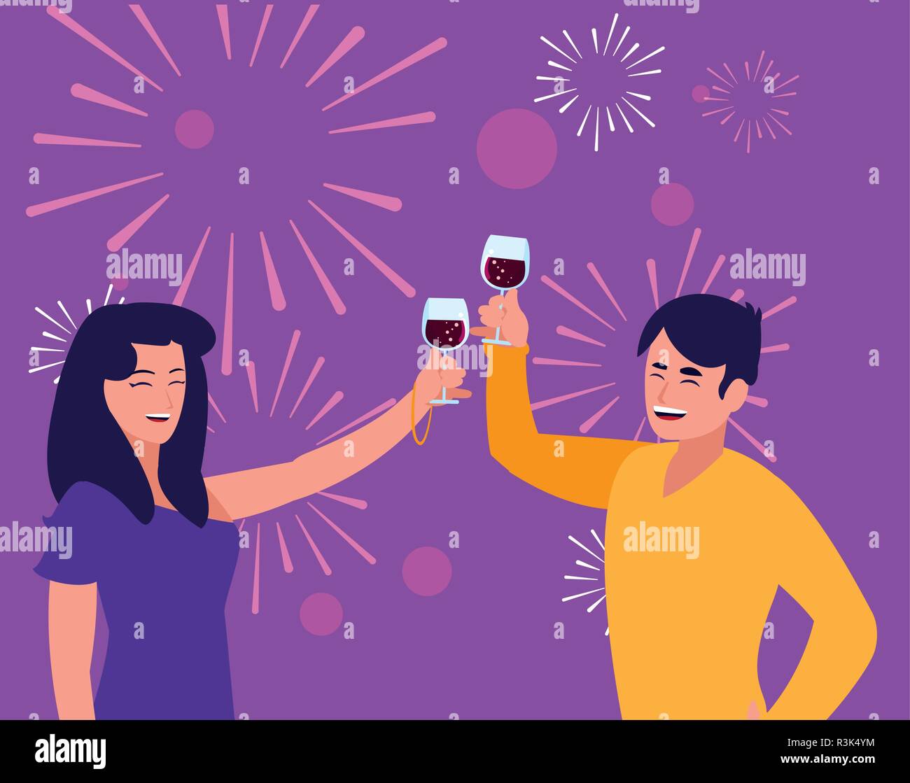 cartoon happy couple enjoying with cocktails over purple background ...