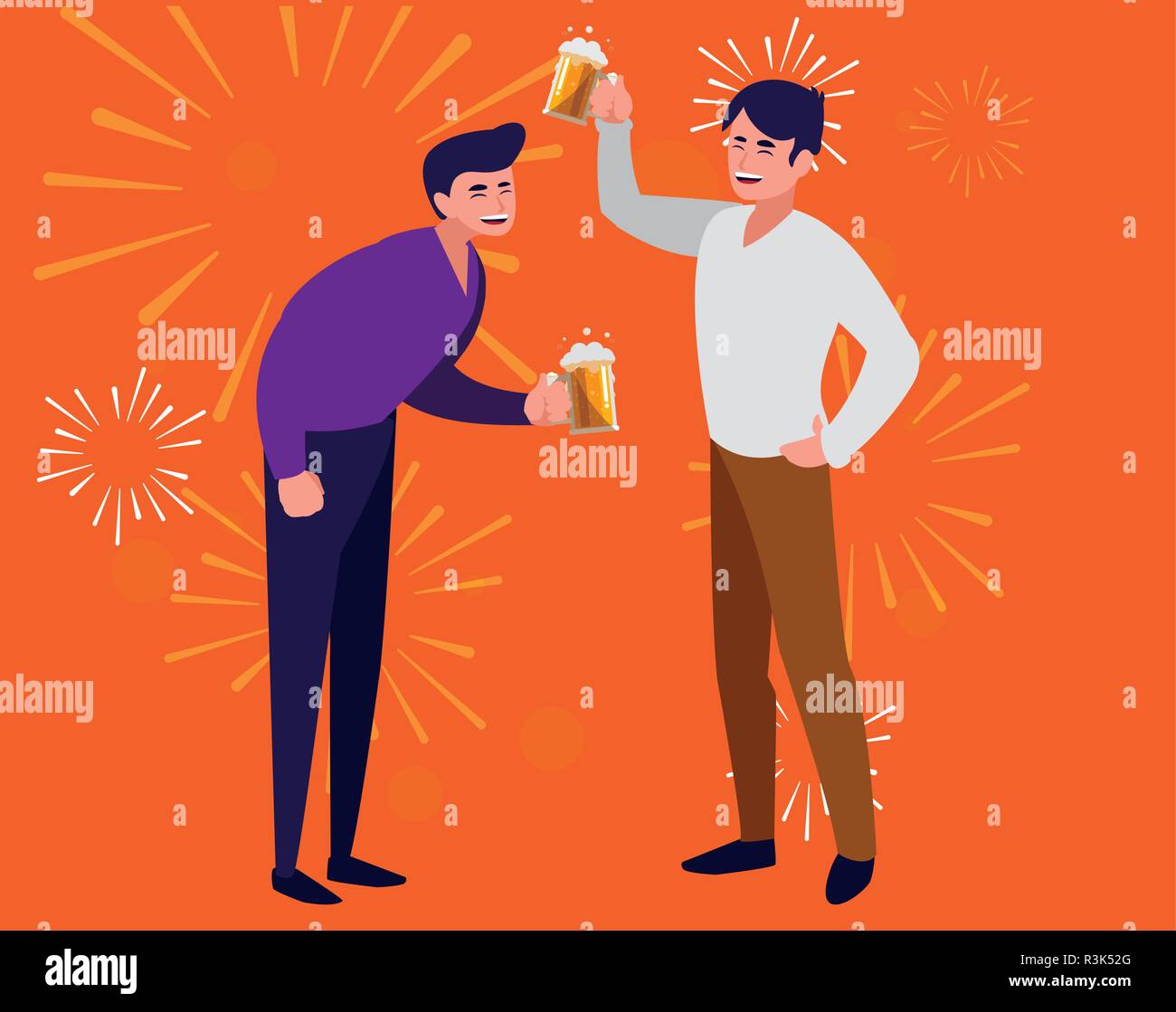 cartoon men having fun time with alcohol drinks over orange background ...