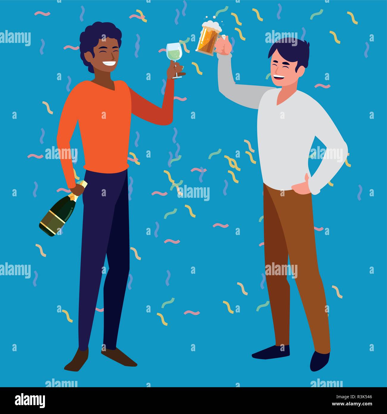 cartoon men having fun time with alcohol drinks over blue background ...