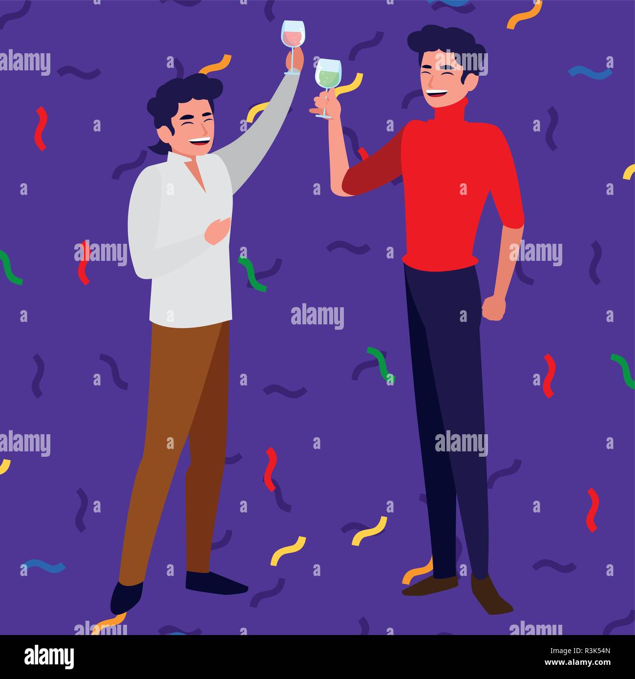 cartoon men having fun time with alcohol drinks over purple background ...