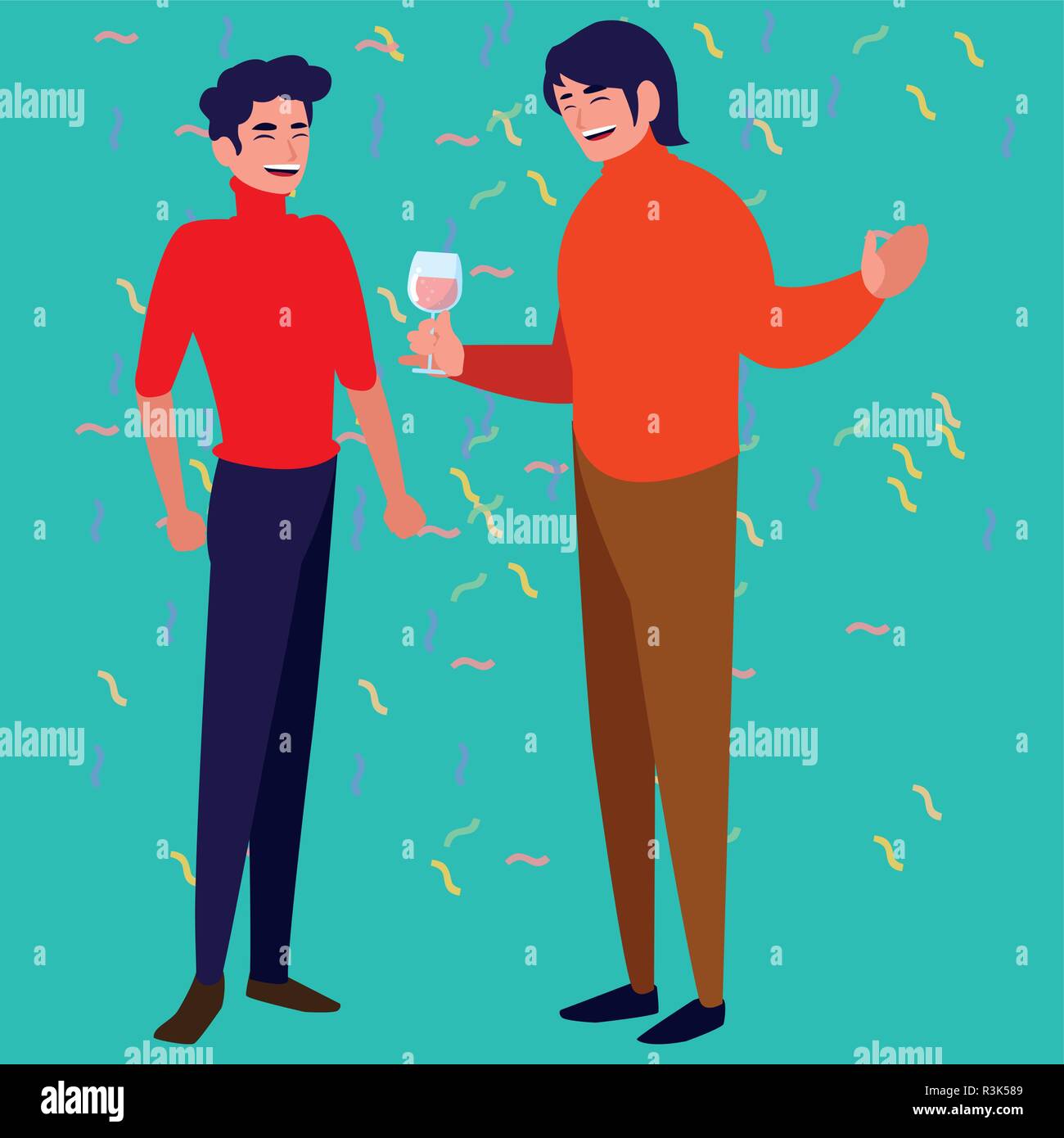 cartoon men having fun time with alcohol drinks over blue background ...