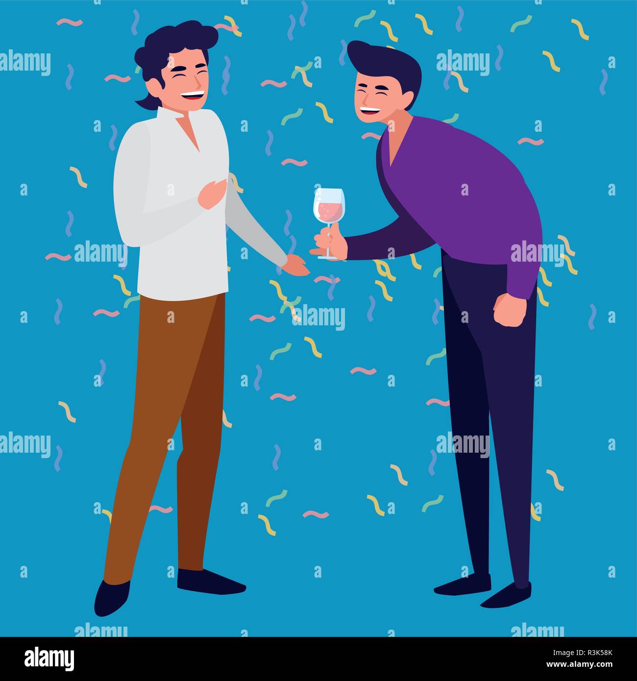 cartoon men having fun time with alcohol drinks over blue background ...