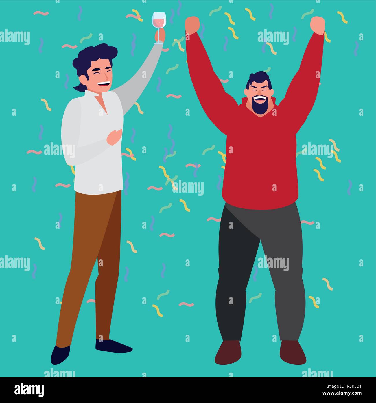 cartoon men having fun time with alcohol drinks over blue background ...