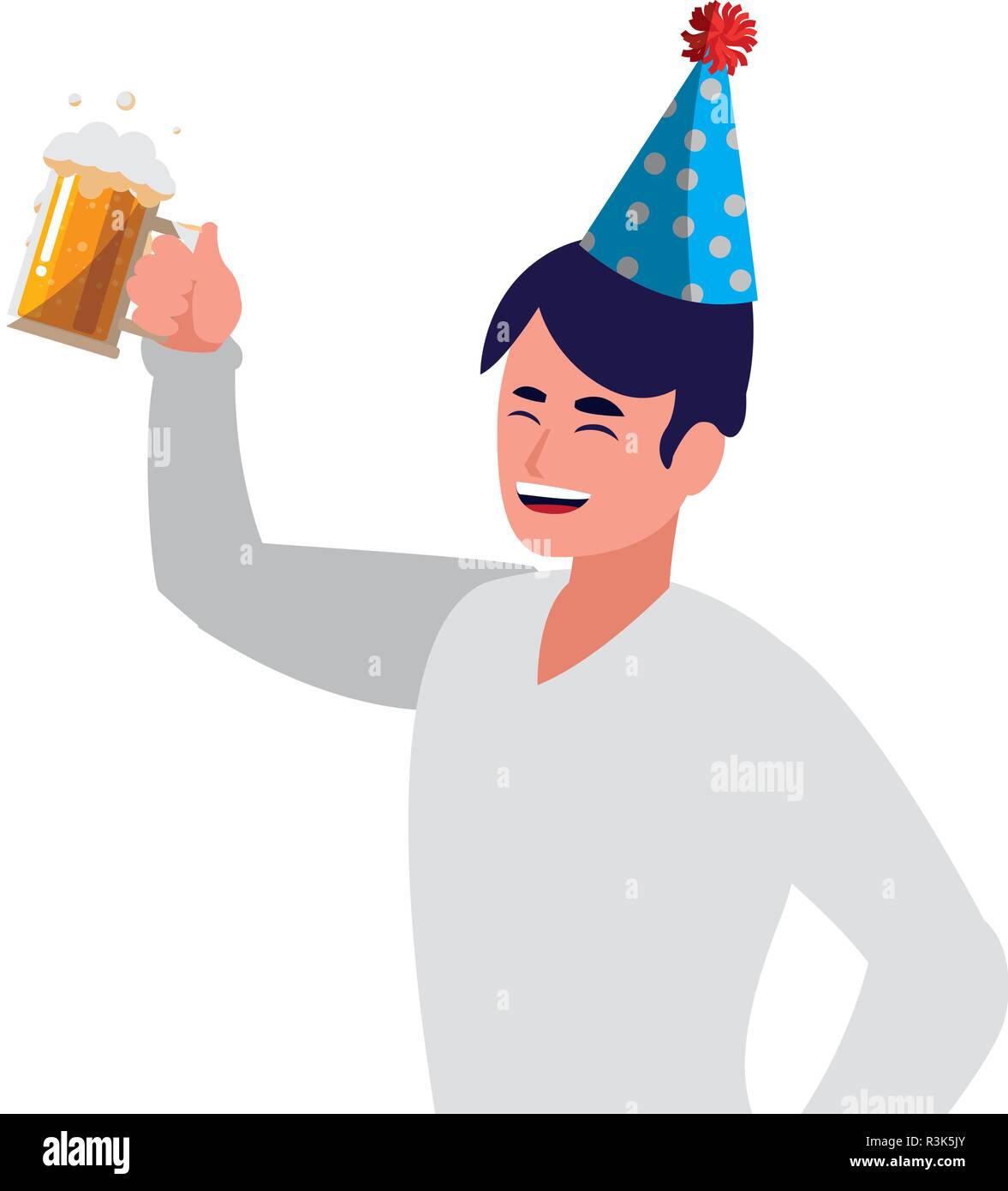 cartoon man with party hat and holding a beer over white background ...