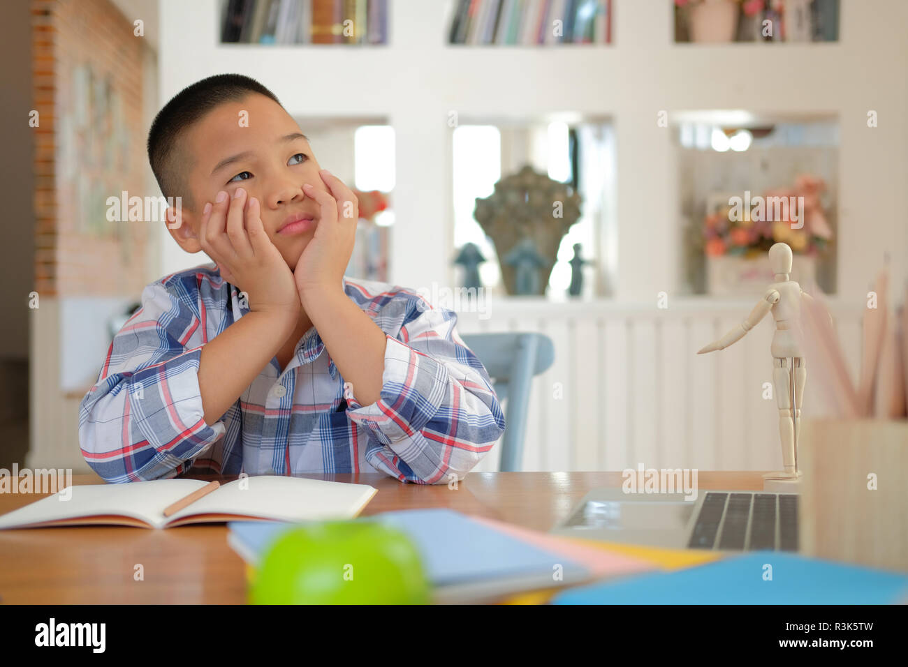young little asian kid boy child children schoolboy thinking. childhood ...