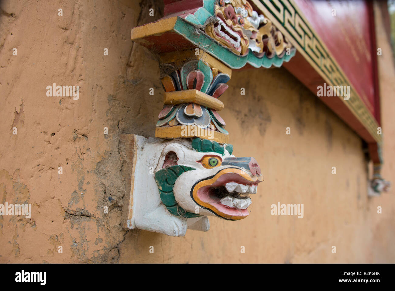 Bhutan, Thimphu. Detail of traditional Bhutanese architecture, ornately ...