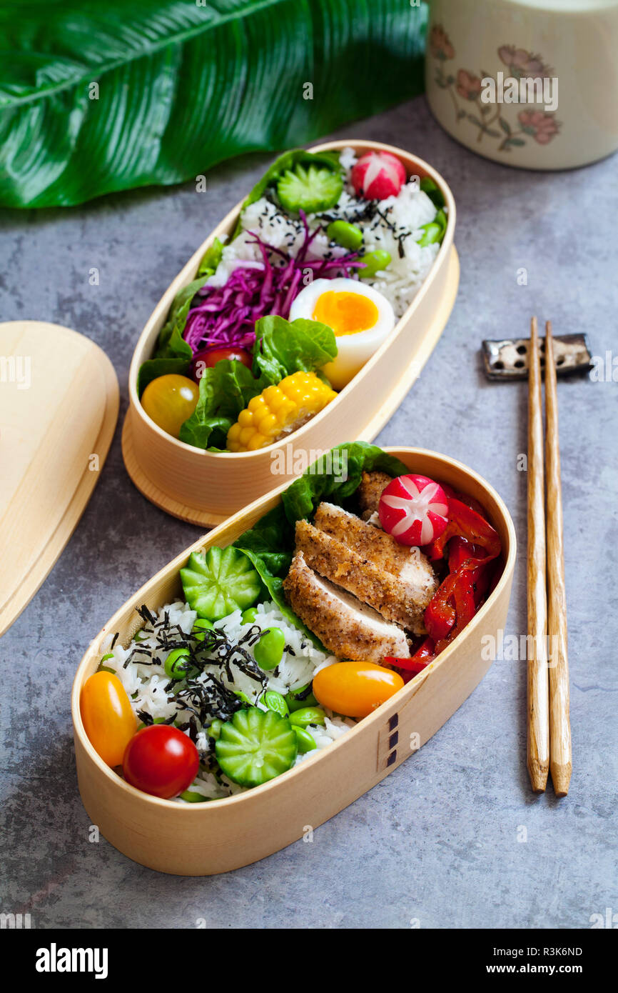 Japanese bento box with chicken, vegetables and rice Stock Photo - Alamy