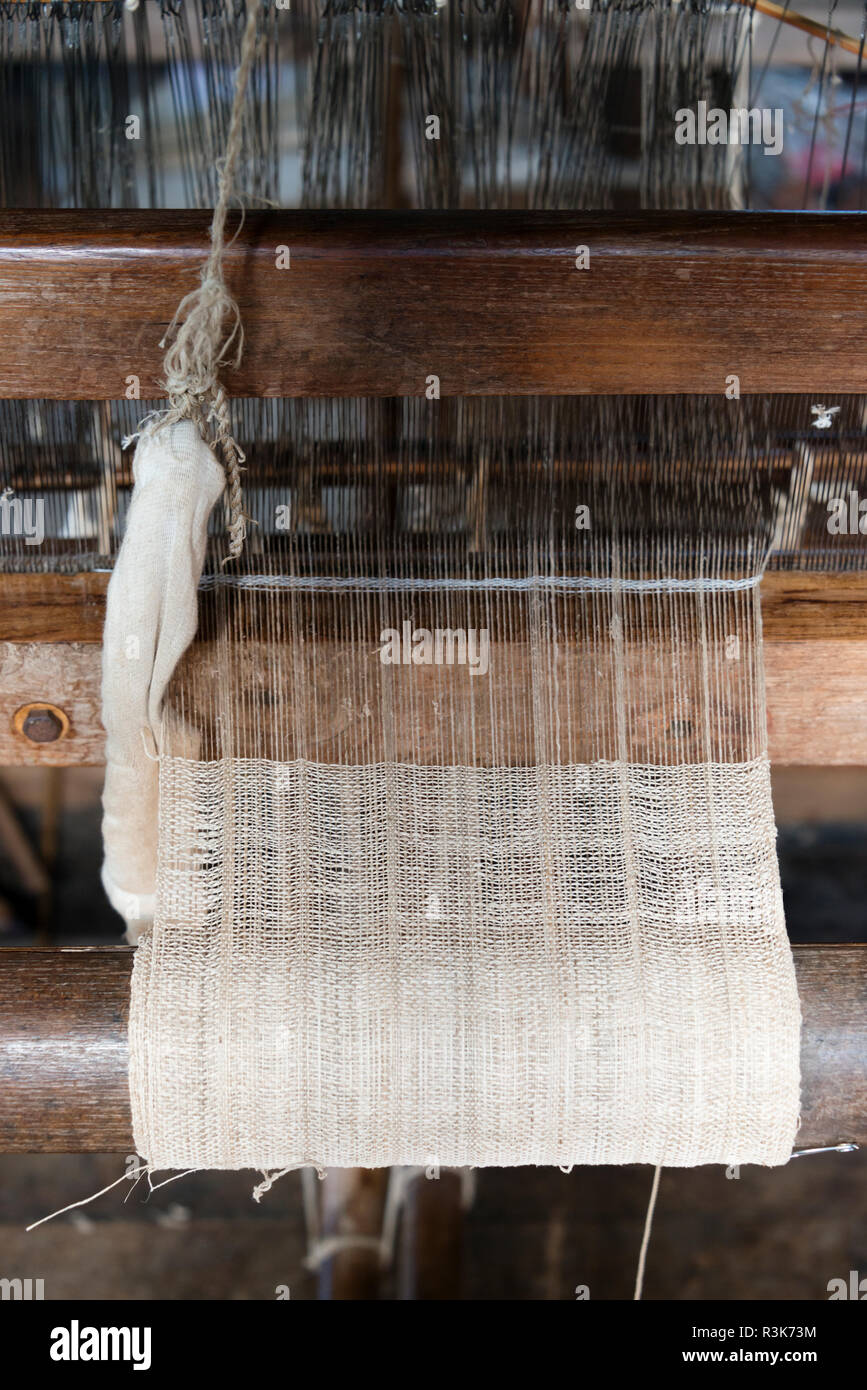 Weaving with threads made from lotus stem, Inle Lake, Shan State ...