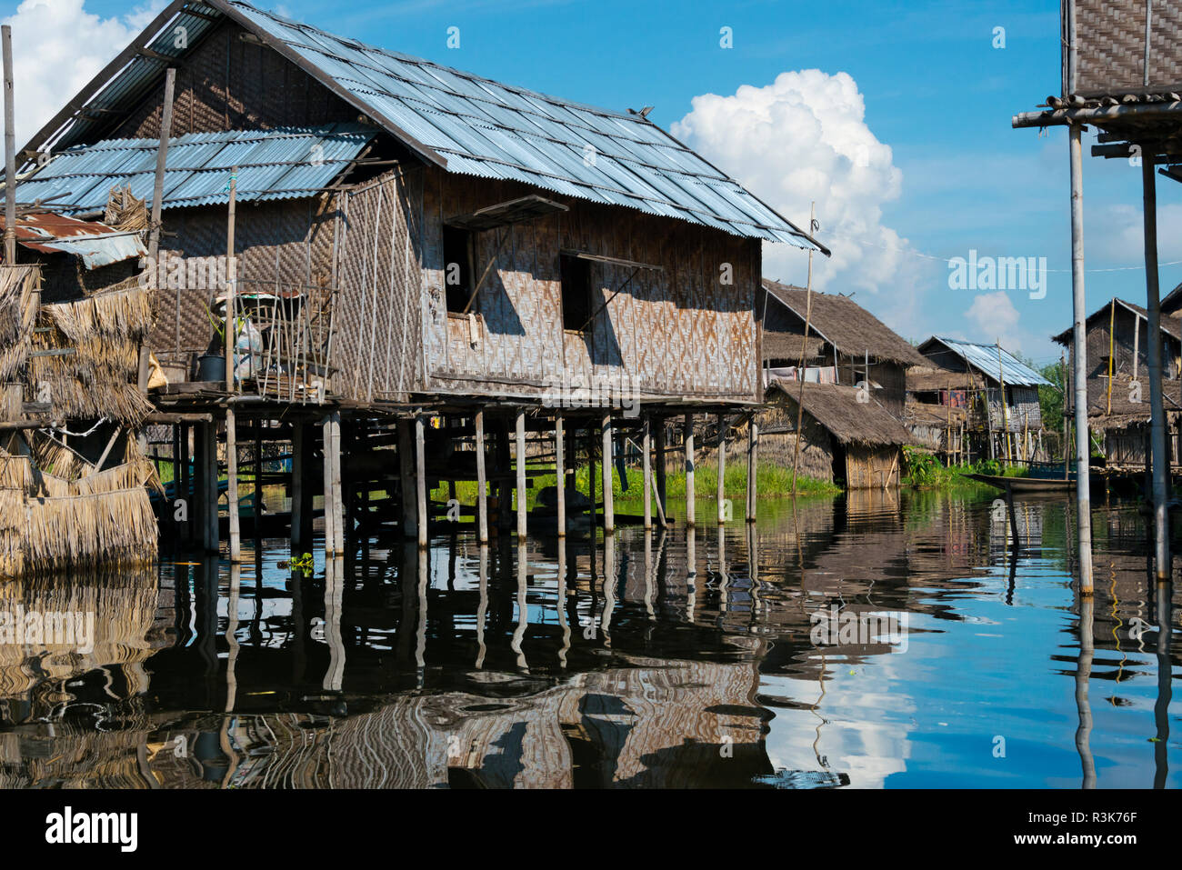 Stilt cottages of floating village on Inle Lake, Shan State, Myanmar ...