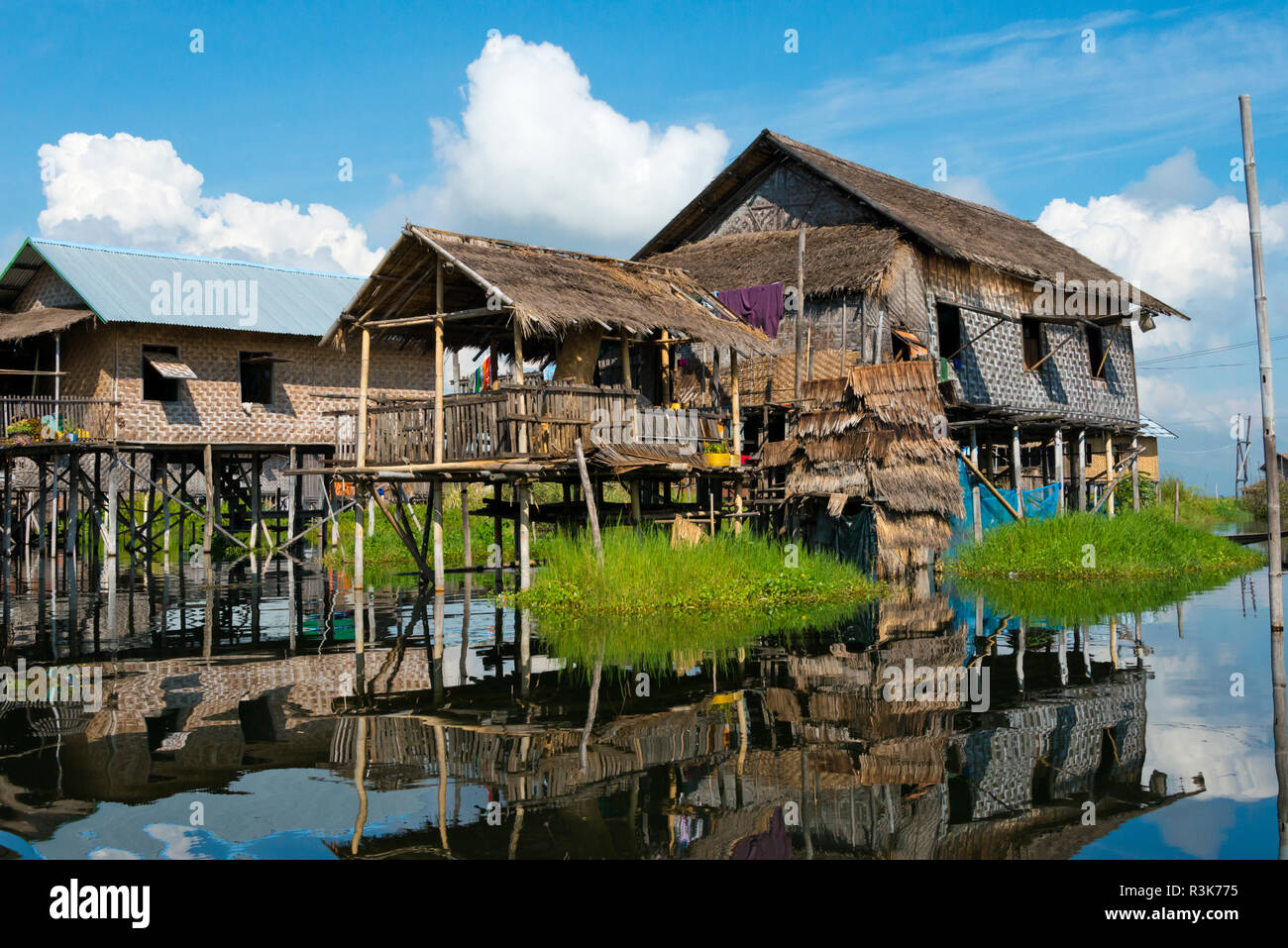 Stilt cottages of floating village on Inle Lake, Shan State, Myanmar ...