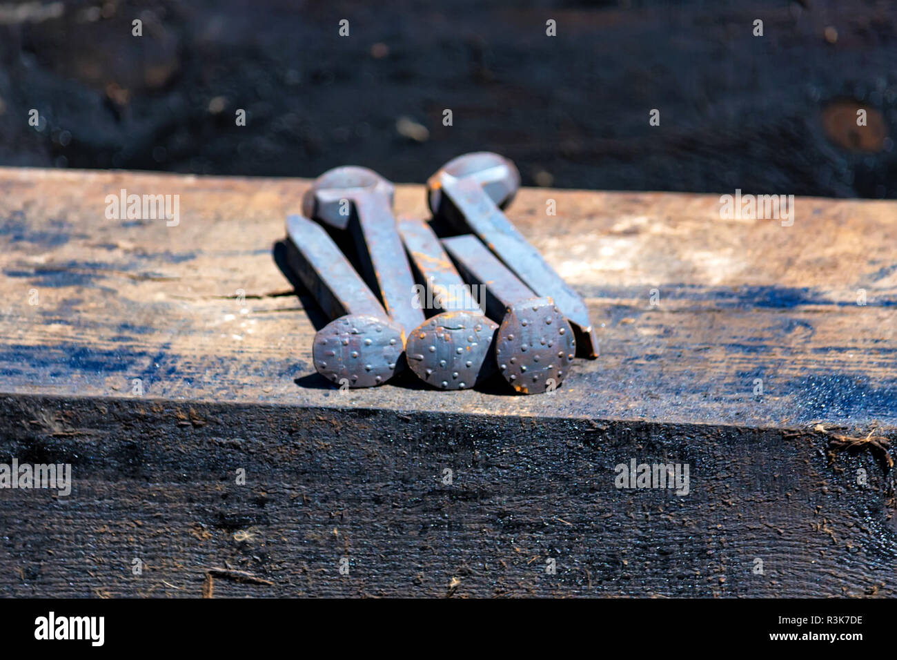 Close up of railroad spikes on wooden sleeper Stock Photo - Alamy