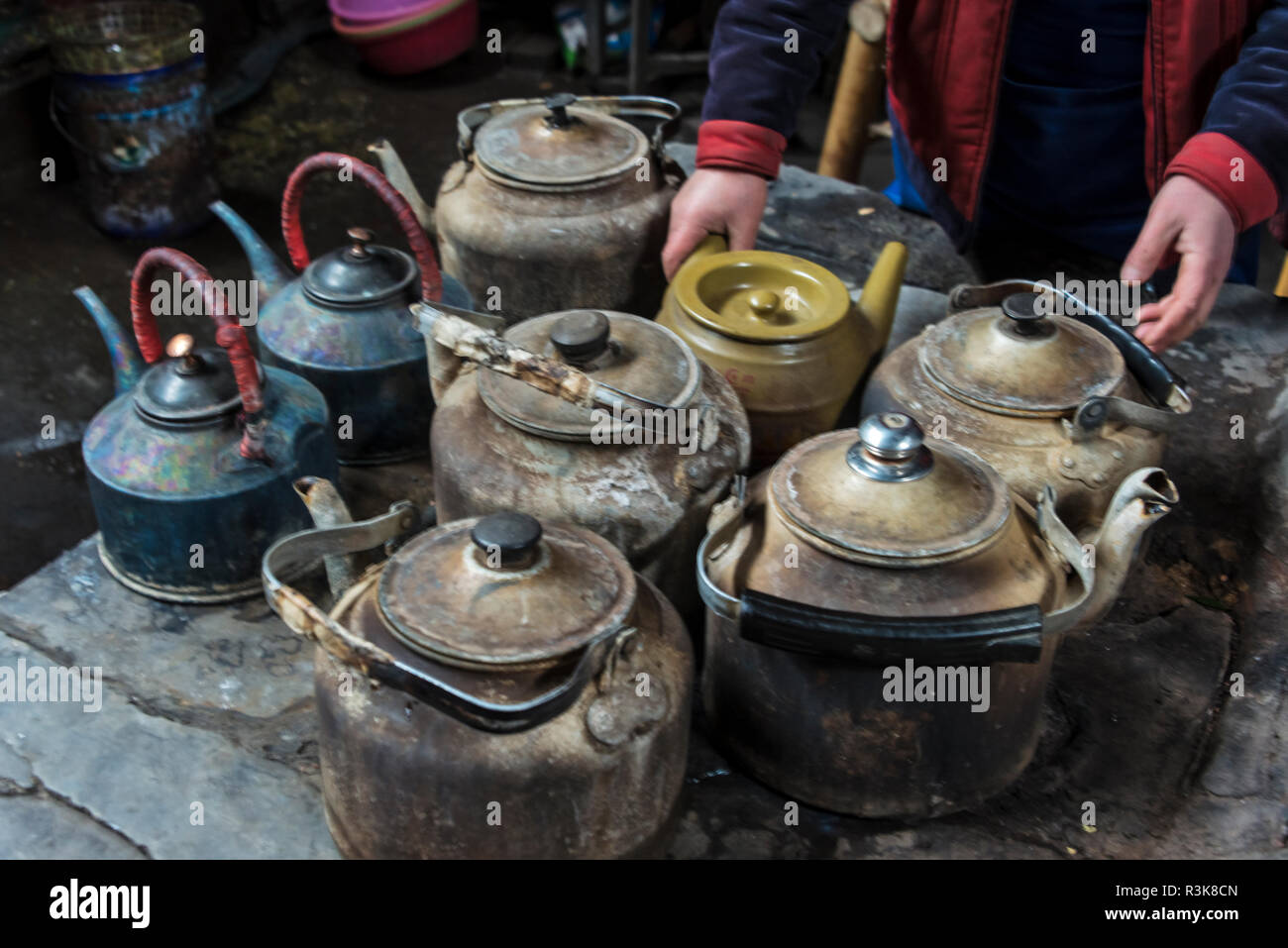 Old teapots at an old tea house, Pengzhen, Chengdu, Sichuan Province ...