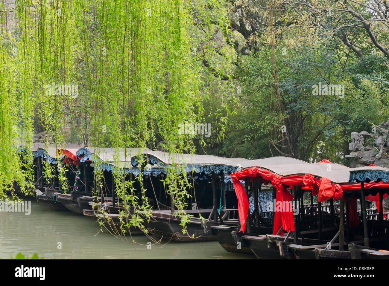 Boats with willow trees on the Grand Canal, Nanxun Ancient Town ...