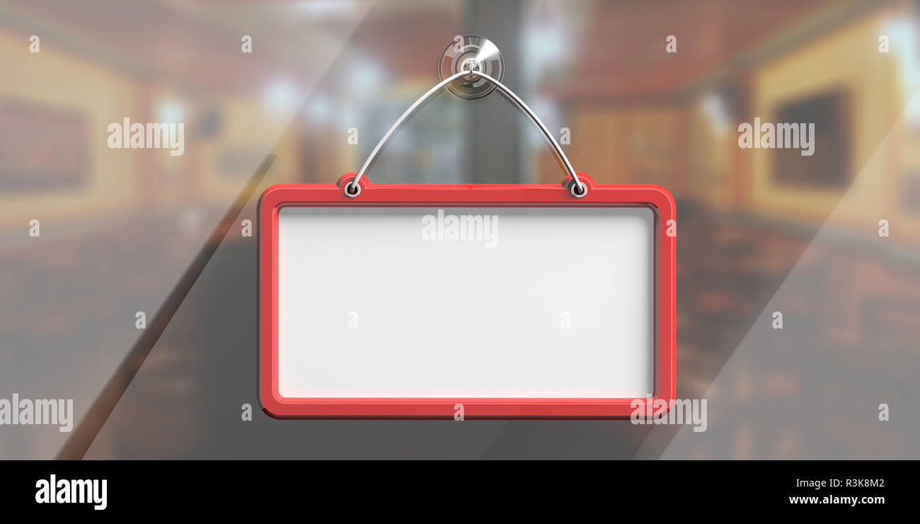 Blank sign with red plastic frame hanging on glass storefront, space ...