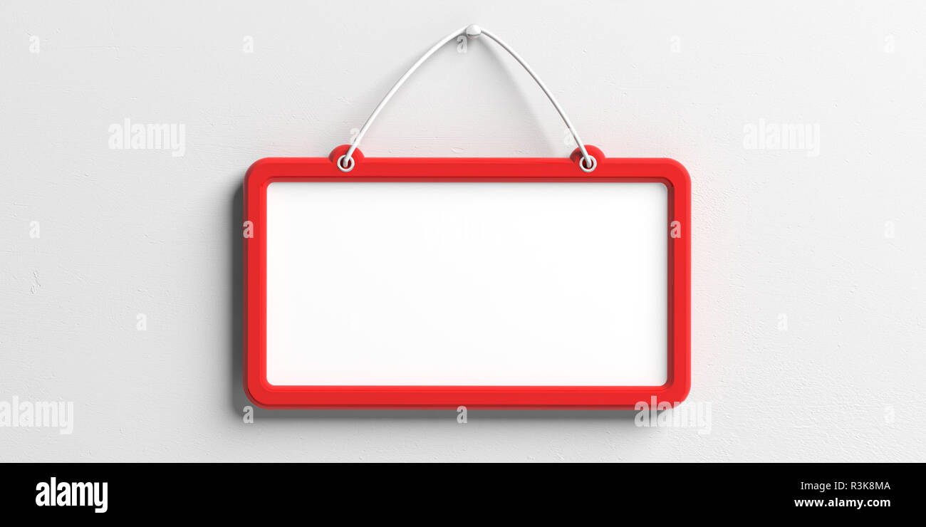 Blank sign with red frame hanging on white wall background, space for ...