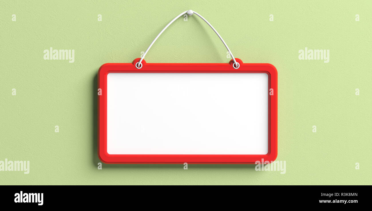 Blank sign with red frame hanging on pastel green wall background ...