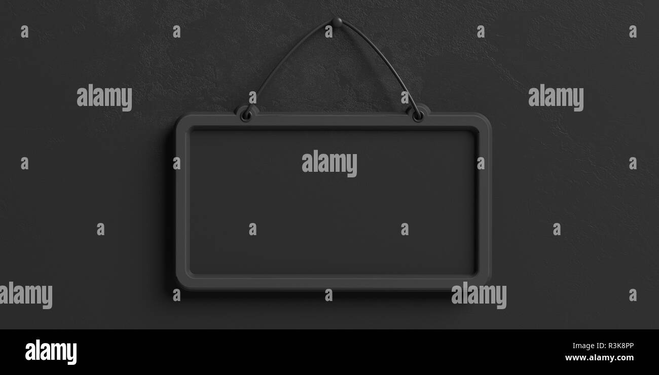 Blank black sign hanging on black wall background, space for text. 3d ...