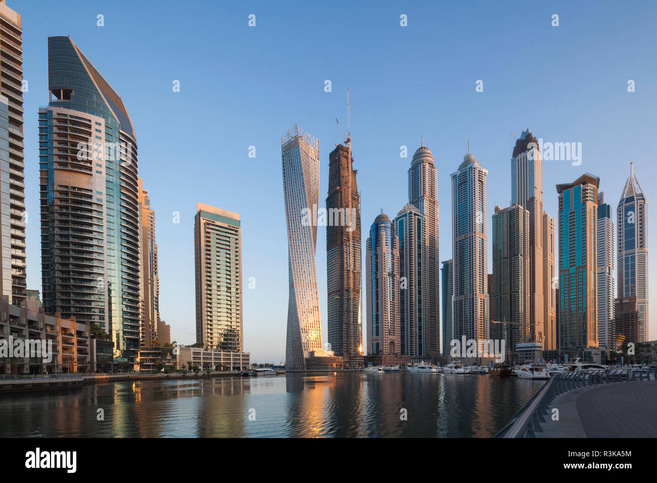 UAE, Dubai Marina high-rise buildings including the twisted Cayan Tower ...