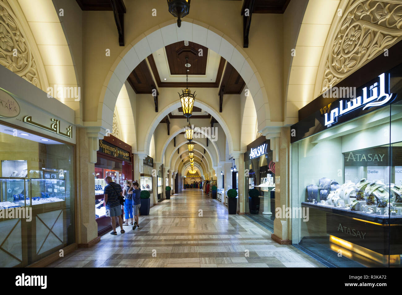 UAE, Downtown Dubai. Interior of Dubai Mall, Arabic-themed souk area ...