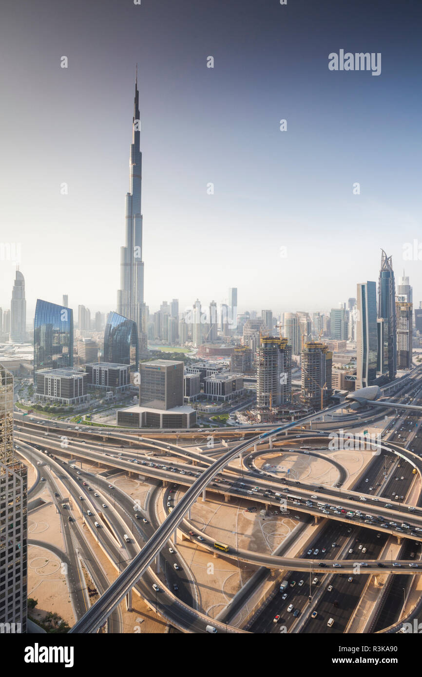 UAE, Downtown Dubai. Elevated view over Sheikh Zayed Road and Burj ...