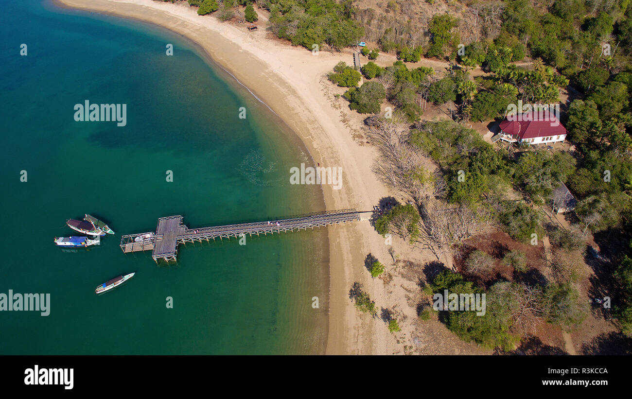 Aerial view, pier at Loh Liang, Komodo National Park, Komodo island ...