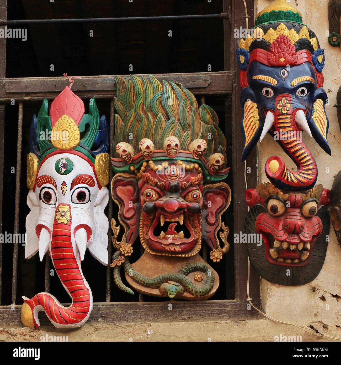 Wooden masks representing hindu gods. Scene in Kathmandu, Nepal Stock ...