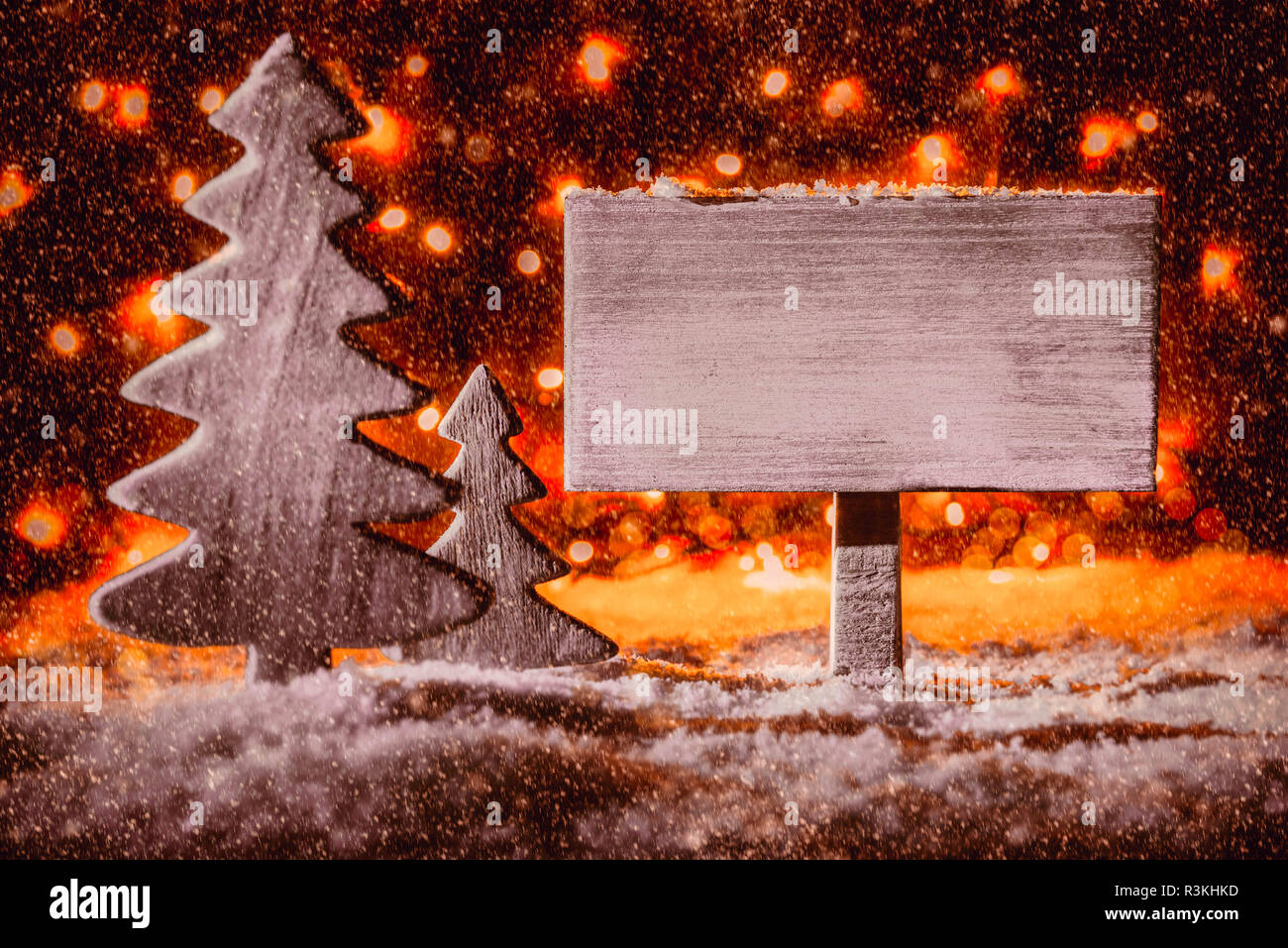 Wooden Sign With Copy Space For Advertisement. Christmas Tree On Snow ...