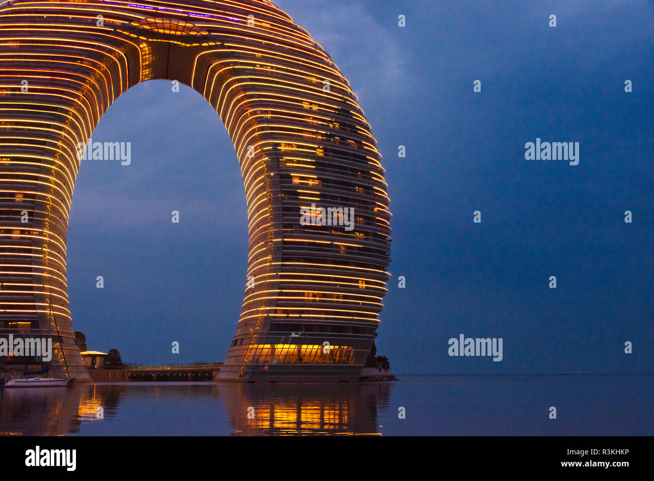 Night view of horseshoe shaped Sheraton Huzhou Hot Spring Resort on ...