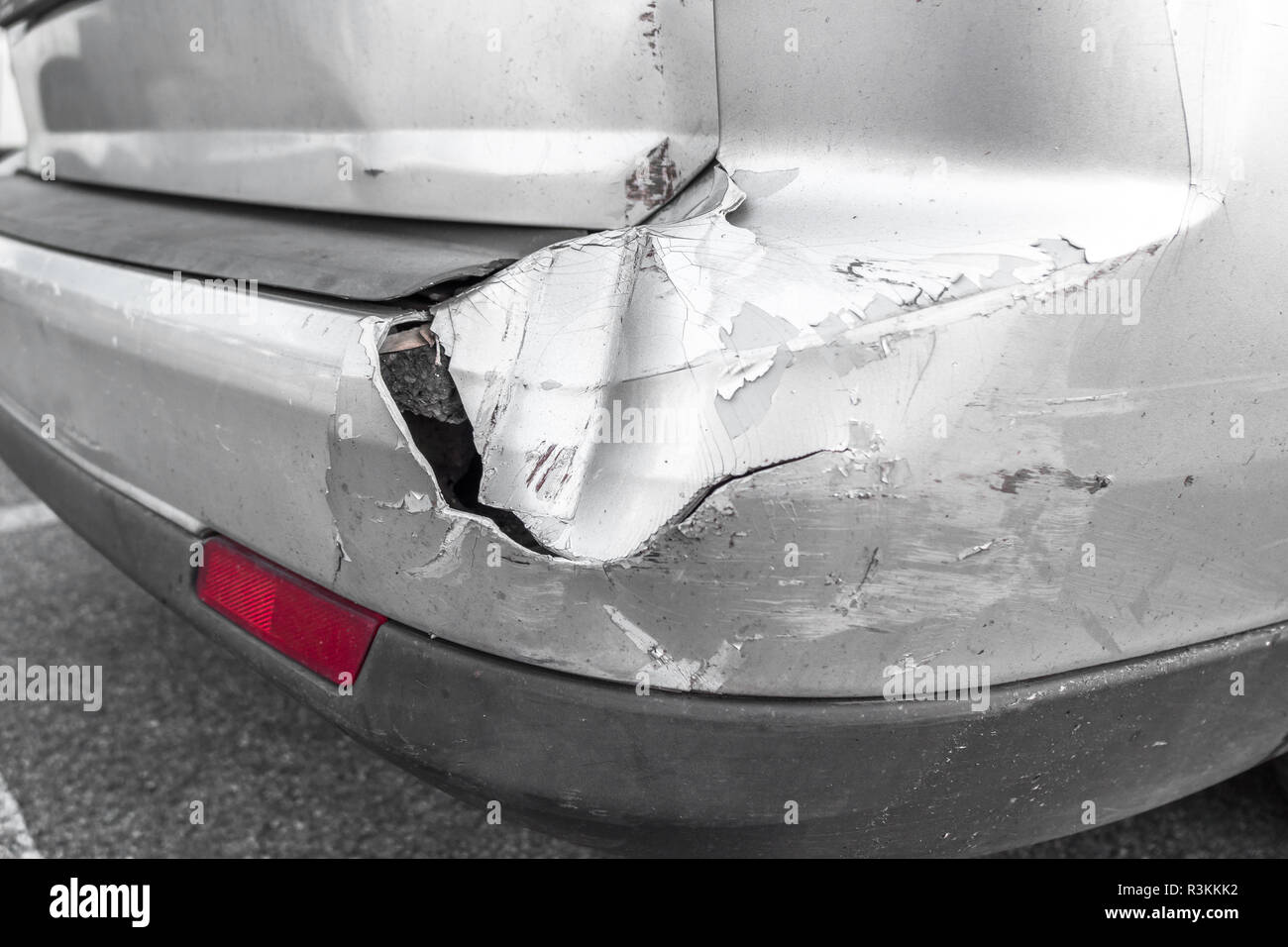 Back of gray car get damaged from accident on the road. Vehicle bumper ...