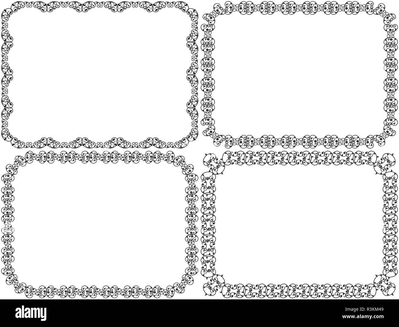 Set of four black stencil decorative flower frames with interlaced ...
