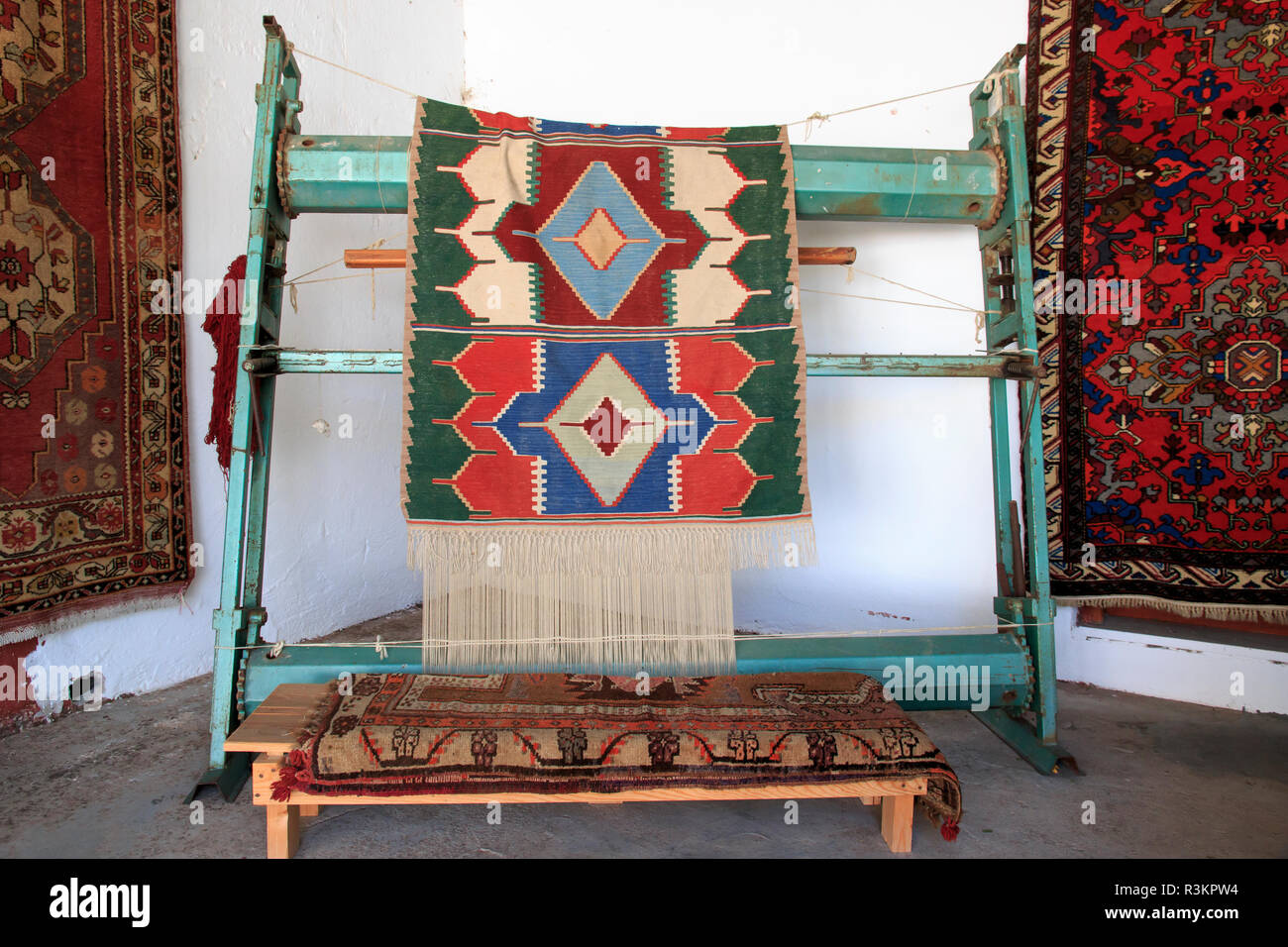 Turkey, Izmir Province, Selcuk, weaving loom, rug making, balls of wool ...