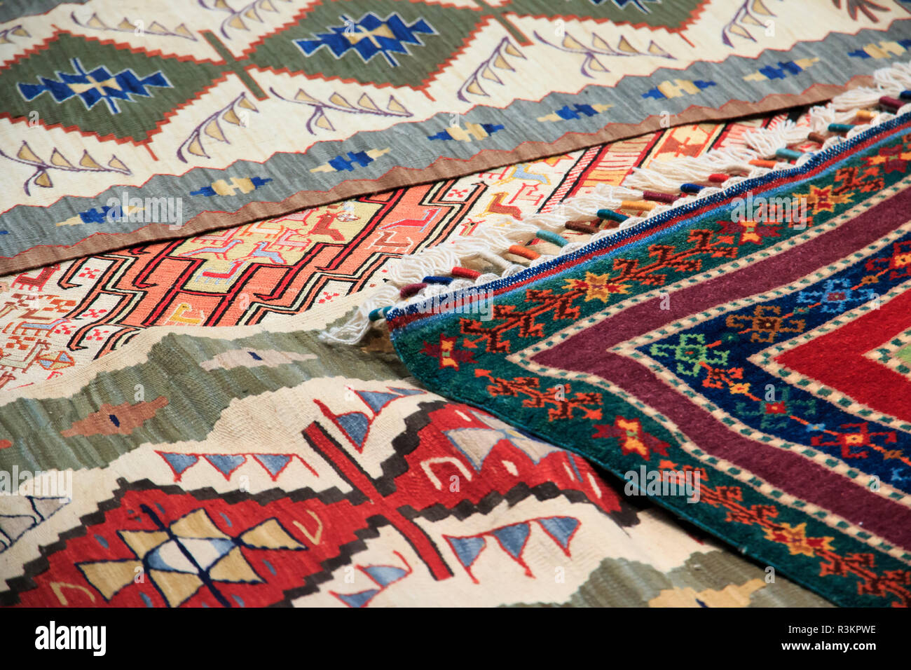 Turkey, Izmir Province, Selcuk, Turkish rugs of various sizes and ...