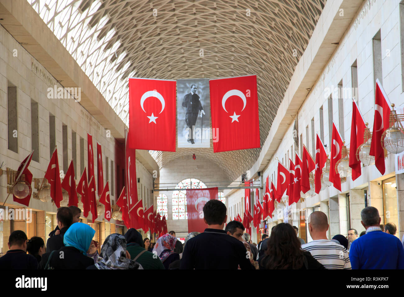 Turkey, Marmara, Bursa, Turkish flags and Ataturk photo hang from ...