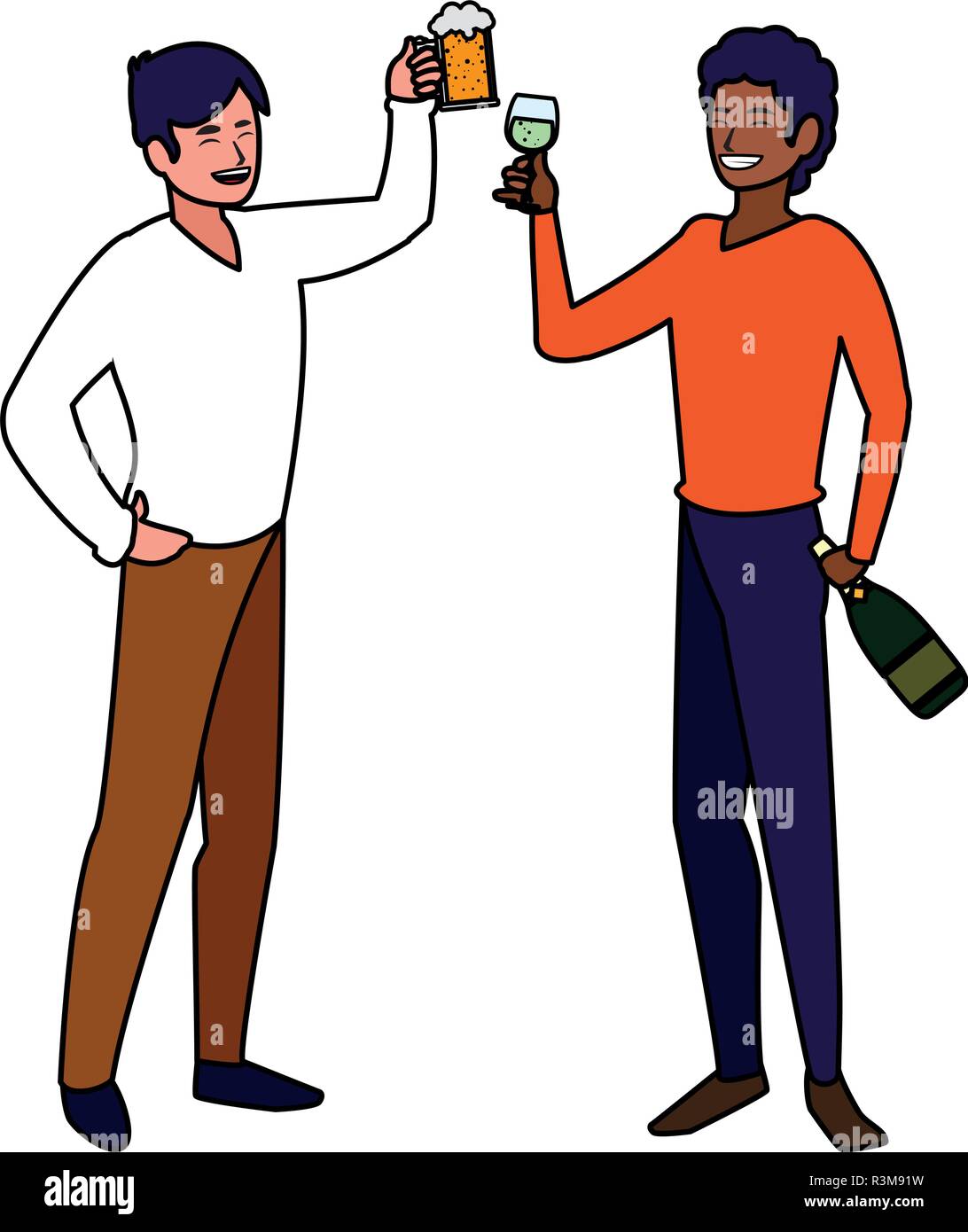 cartoon men having fun time with alcohol drinks over white background ...