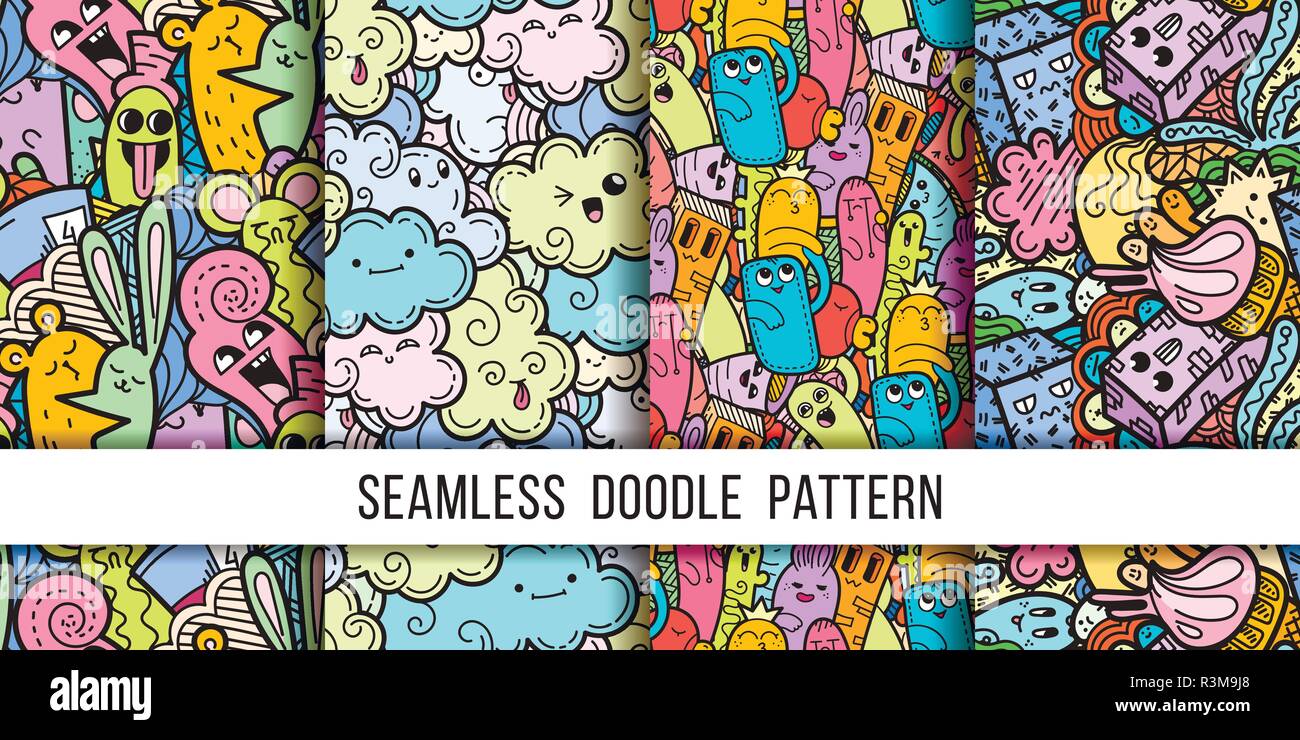 Collection of funny doodle monsters seamless pattern for prints ...