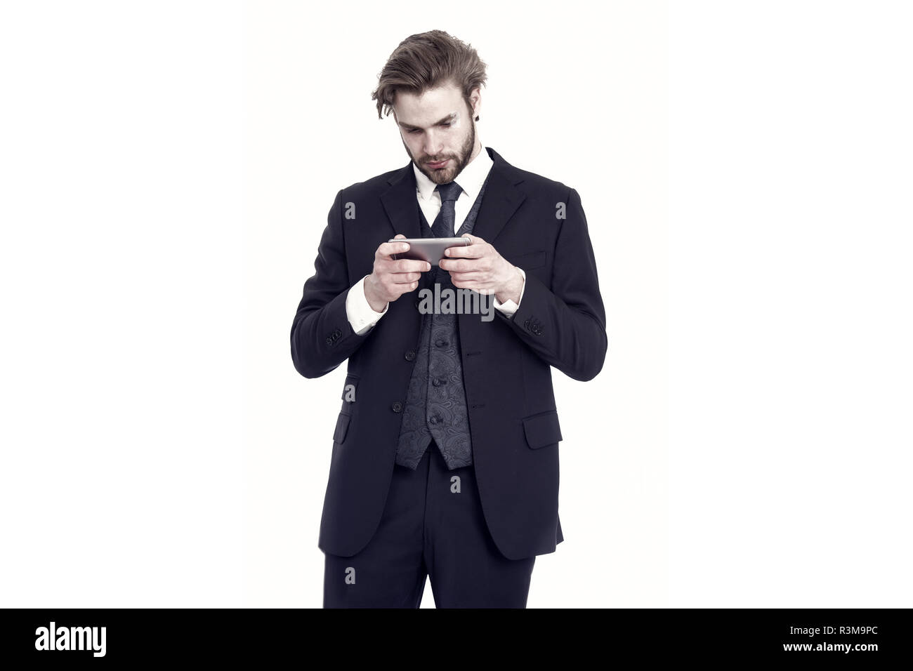 Conversation and new technology. Manager with beard on serious face ...