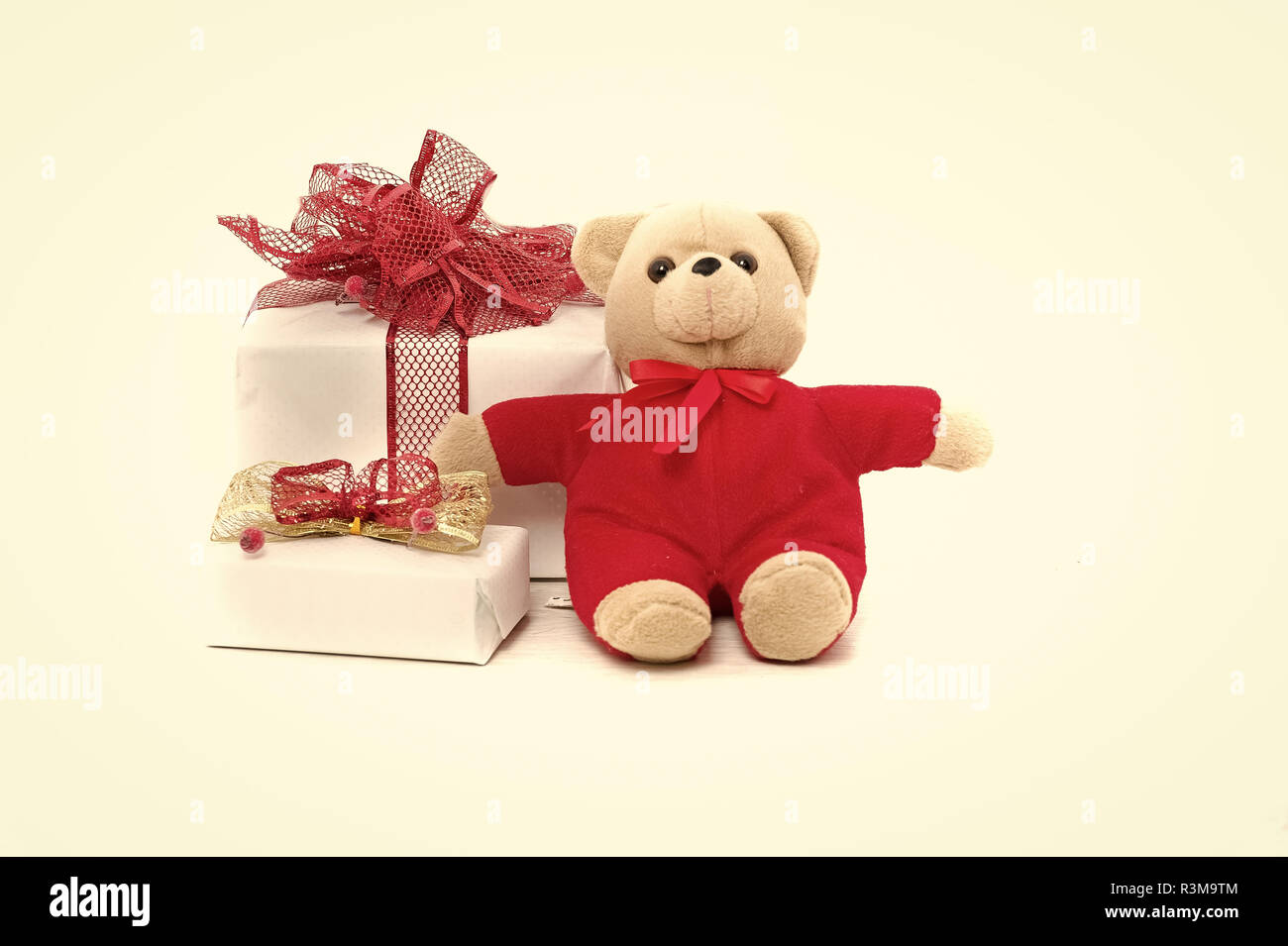 toy bear and present box in red bow isolated on white, birthday and ...