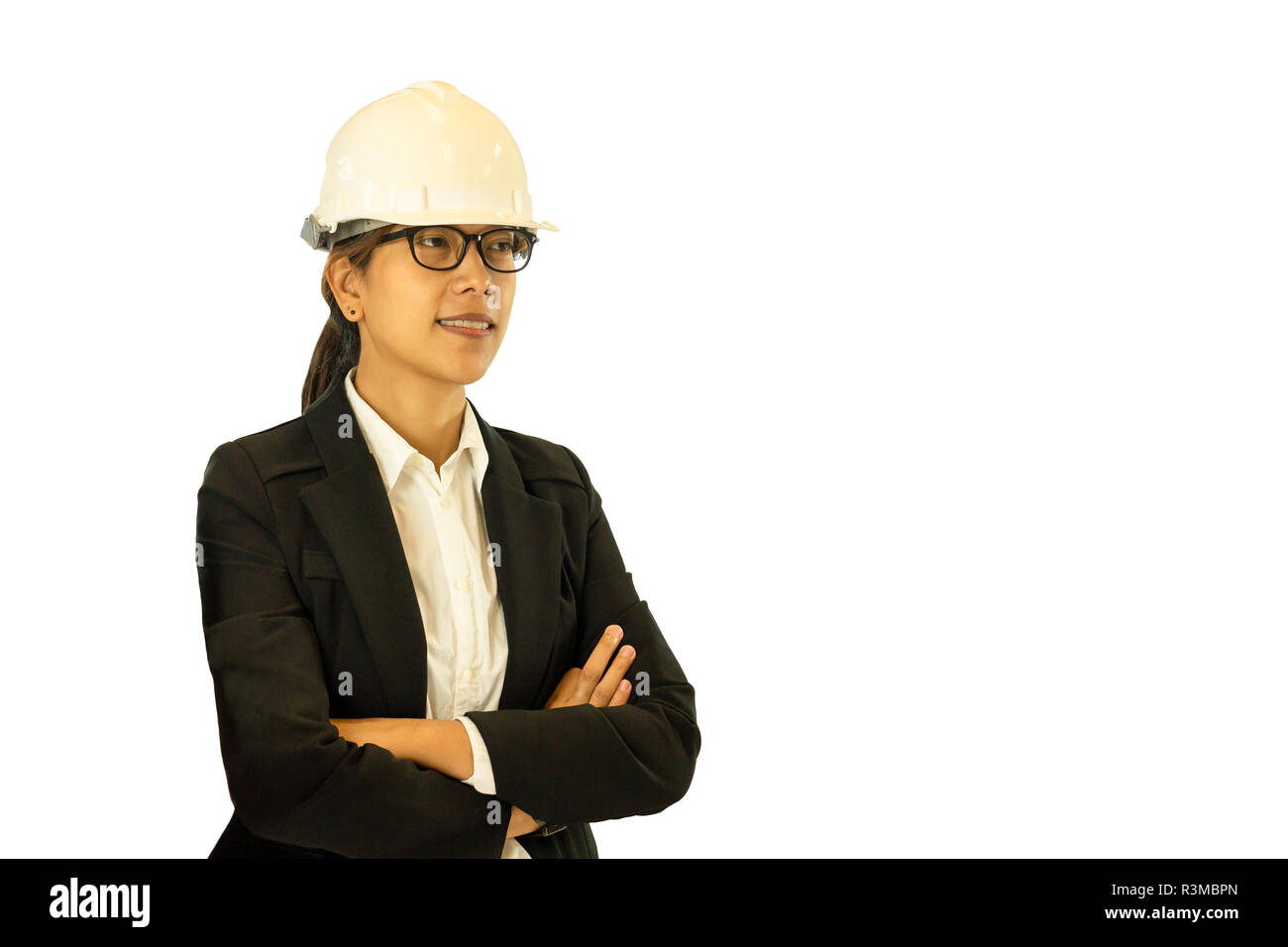 Female asian engineer wearing hard hat isolated in white background ...