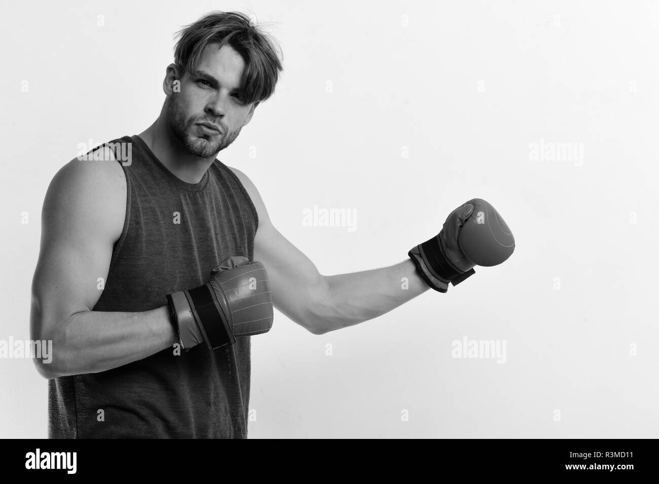 Boxing and sports concept. Athlete with leather box equipment isolated ...