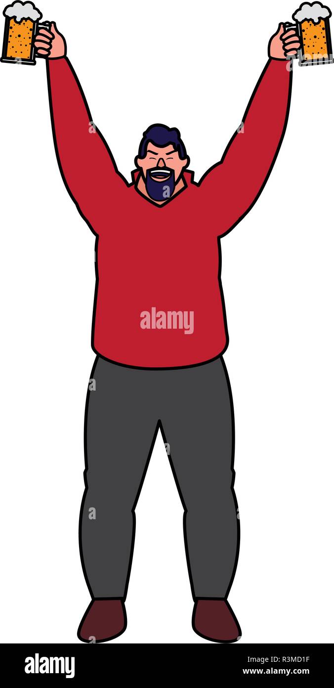 cartoon excited man holding up a beer mugs over white background ...