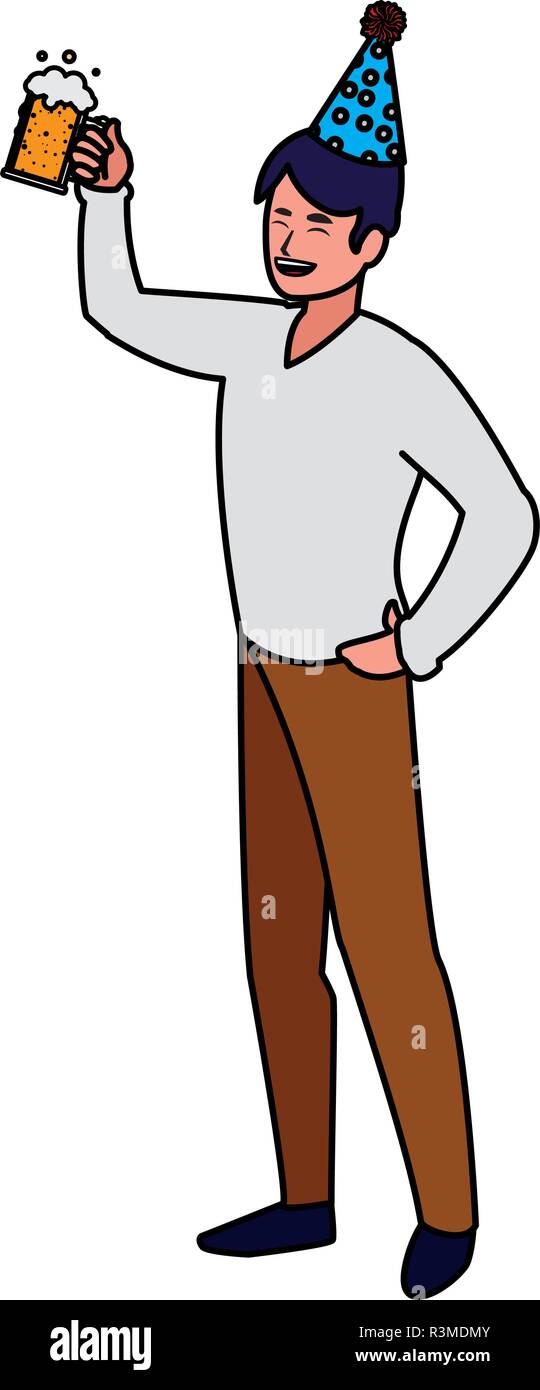 cartoon man with party hat and holding a beer over white background ...