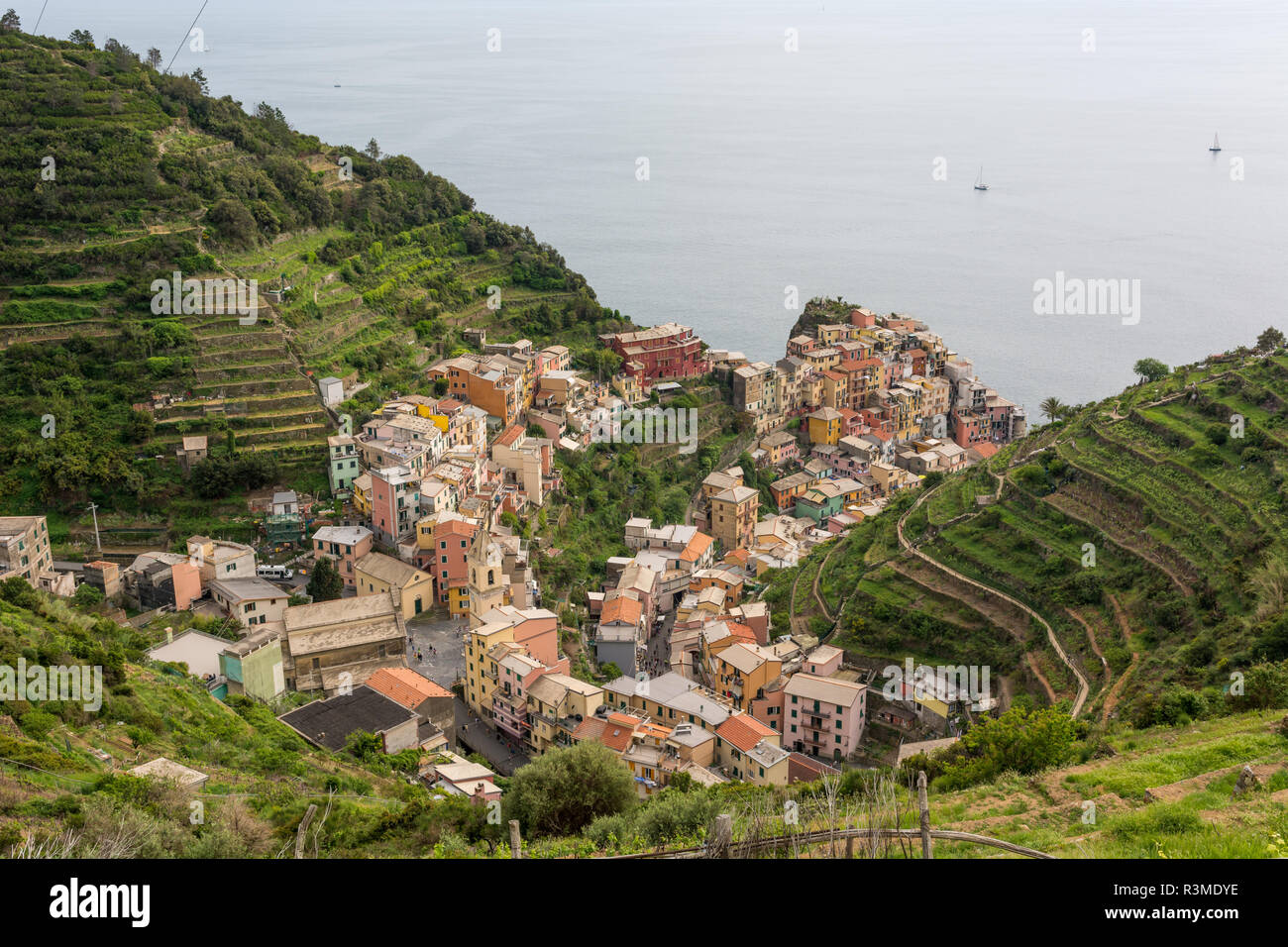 Traditional port town with colorful mediterranean architecture ...