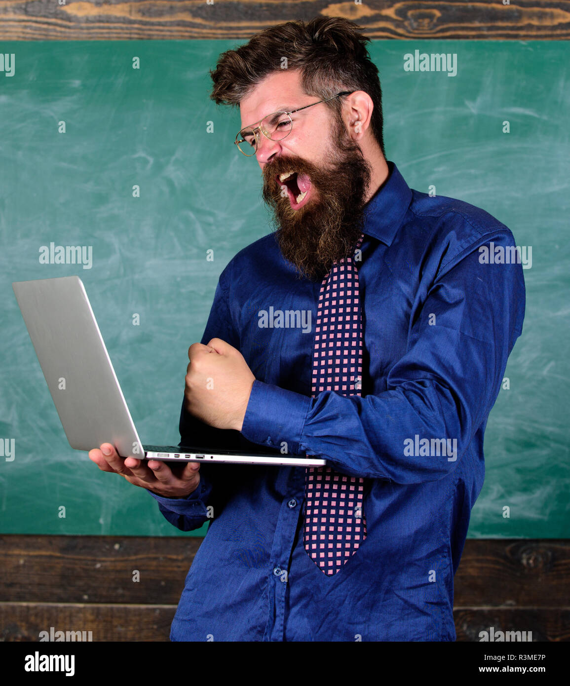Technology blows his mind. Hipster teacher aggressive with laptop goes ...