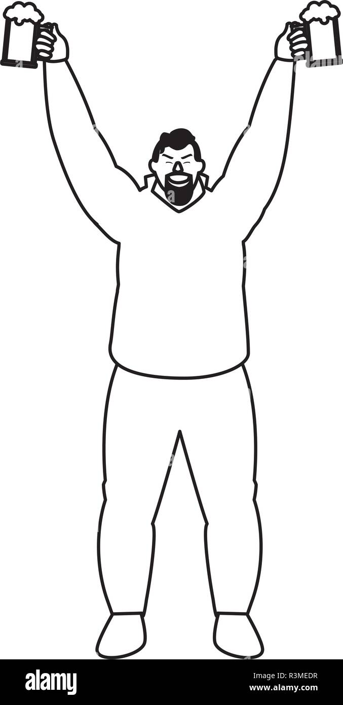 cartoon excited man holding up a beer mugs over white background ...