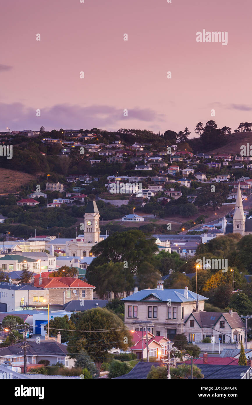 New Zealand, South Island, Otago, Oamaru, elevated town view, dusk ...