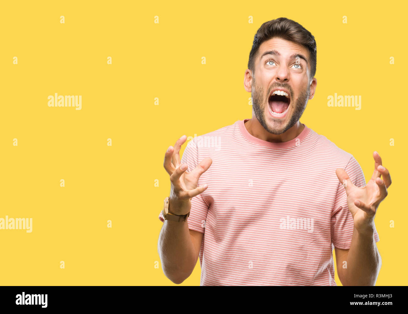 Young handsome man over isolated background crazy and mad shouting and ...