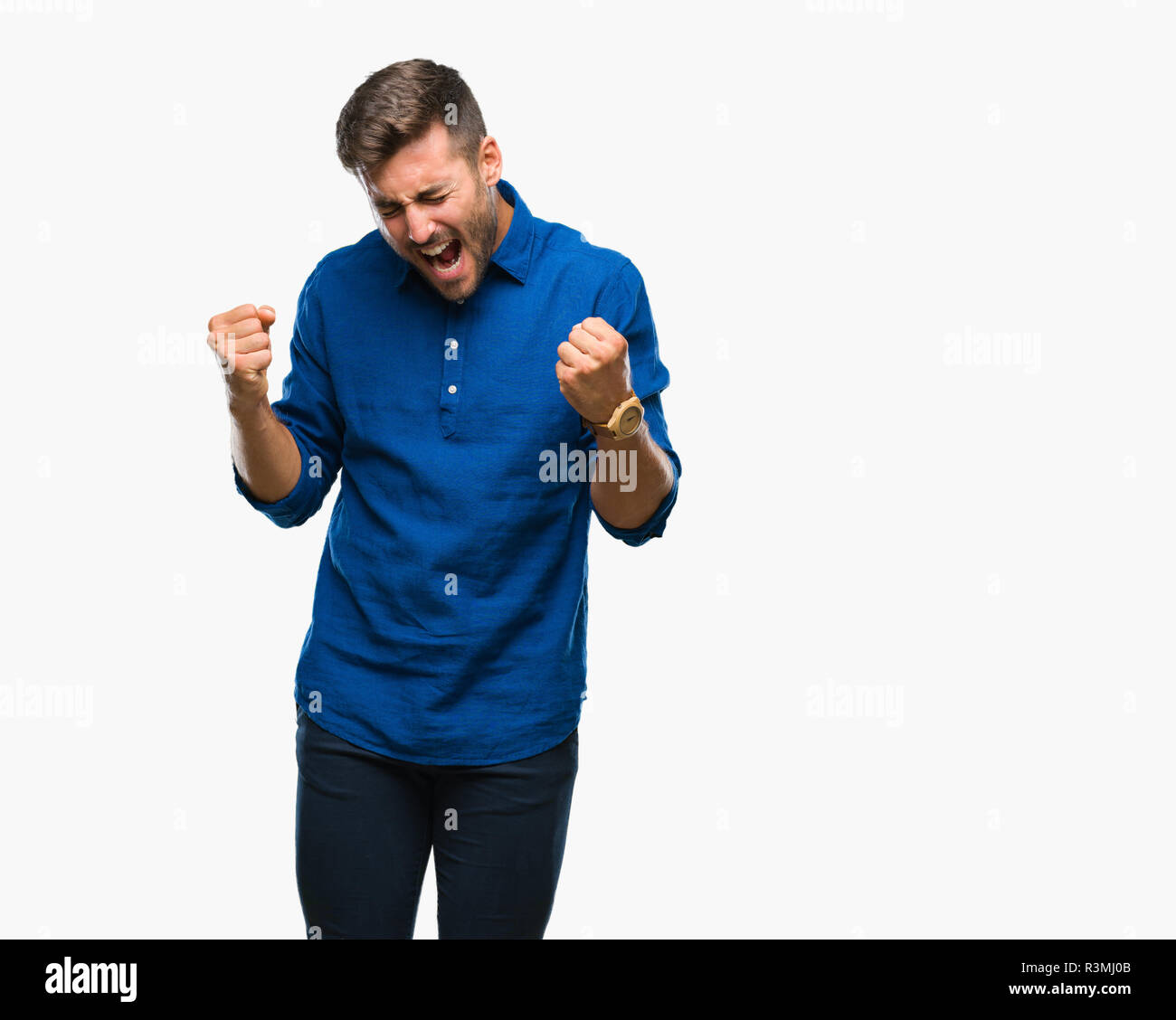 Young handsome man over isolated background very happy and excited ...