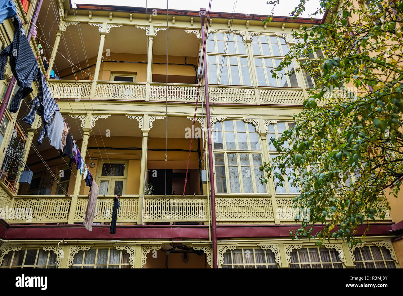 Traditional carving balconies in historical part of Tbilisi, Georgia ...