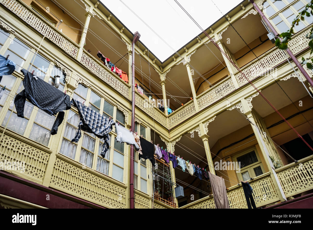 Traditional carving balconies in historical part of Tbilisi, Georgia ...
