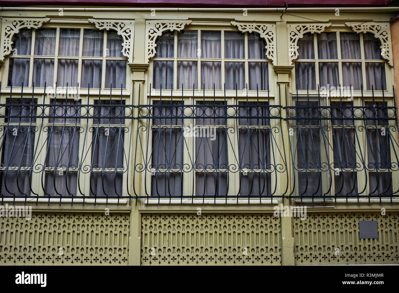 Traditional carving balconies in historical part of Tbilisi, Georgia ...